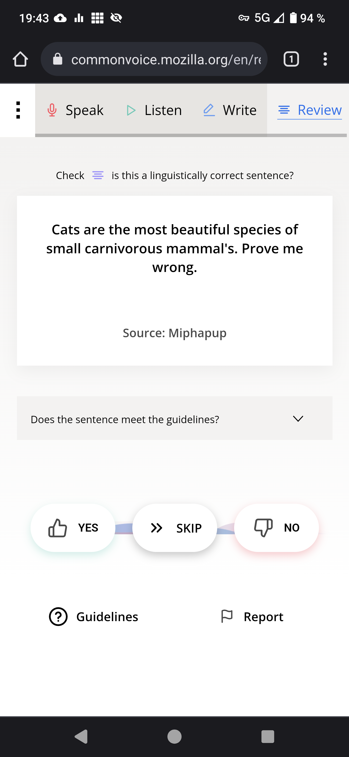 [BUG] After reporting a sentence in review misleading green skip ...