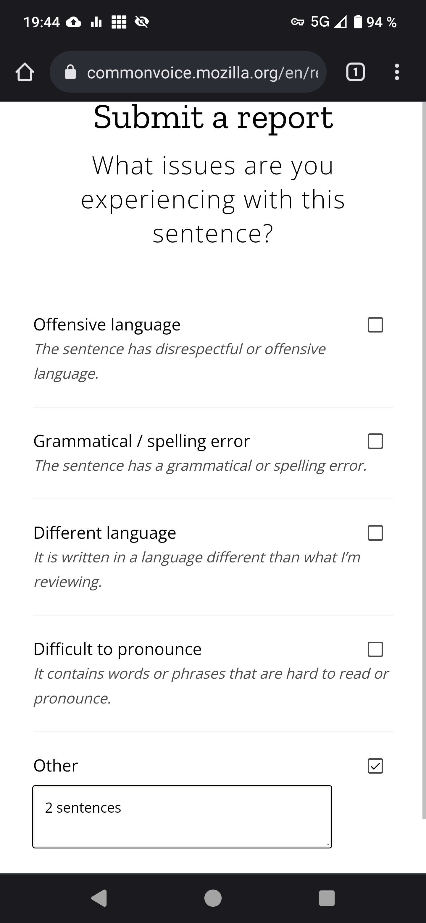 [BUG] After reporting a sentence in review misleading green skip ...