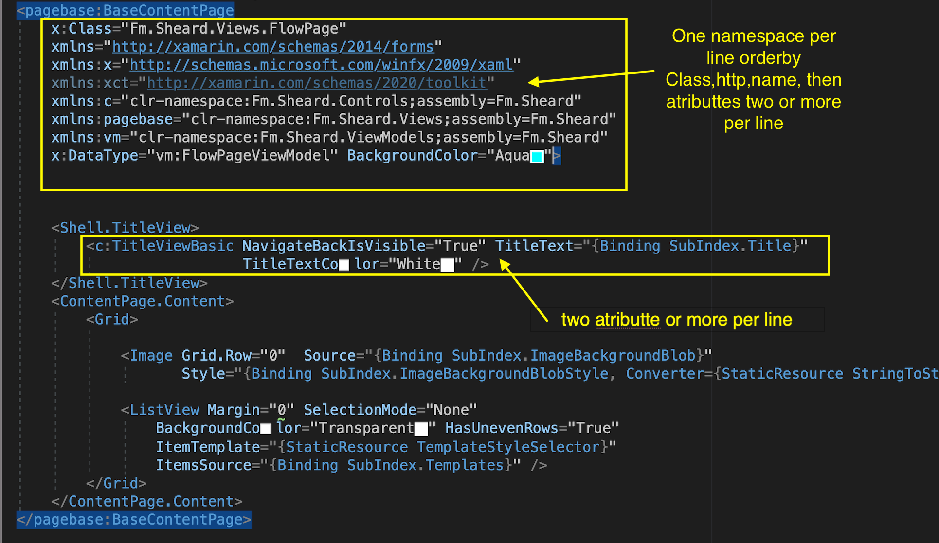 Is there any way to keep namespace one per line while other attributes ...