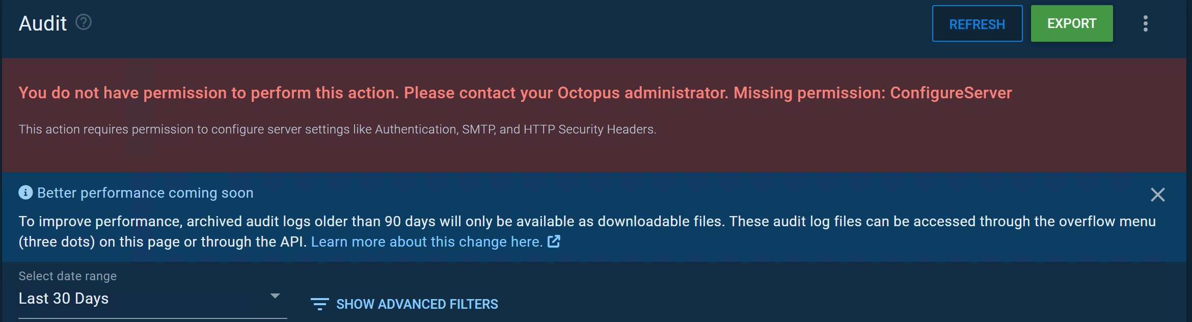 Configure Server Permission error issue when accessing Audit page for users without System ...
