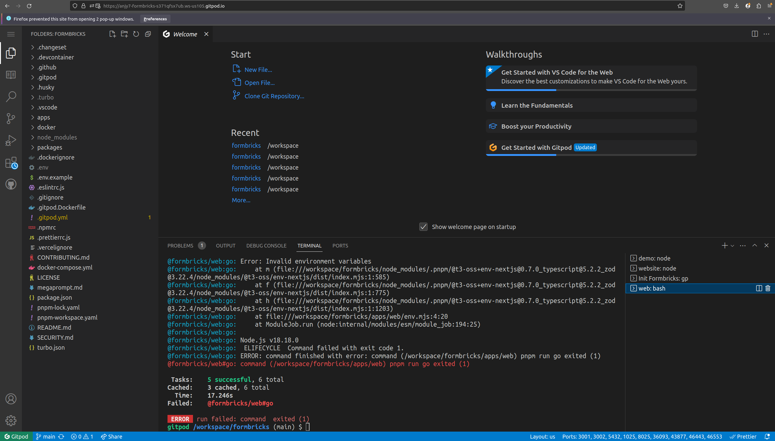 [BUG][FormTribe 🔥][100 Points] Gitpod setup fails for web initiation · Issue #1079 · formbricks ...