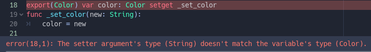 When using setget on an exported Color variable in a tool script, the variable will always ...