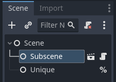 Getting scene unique node from subscene's root fails/succeeds if subscene has any/no unique ...