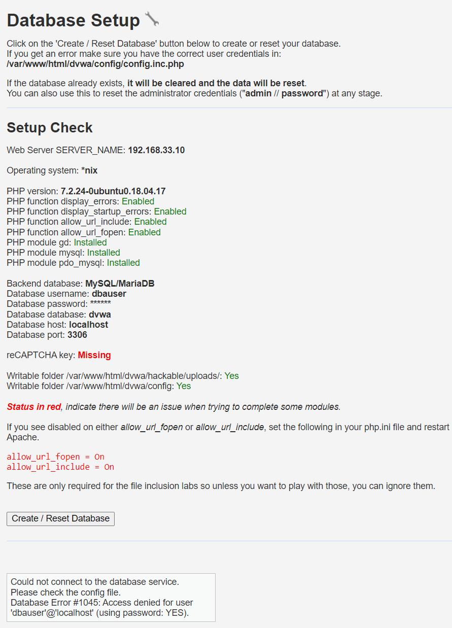 Could not connect to the database service. Please check the config file. Database Error #1045 ...