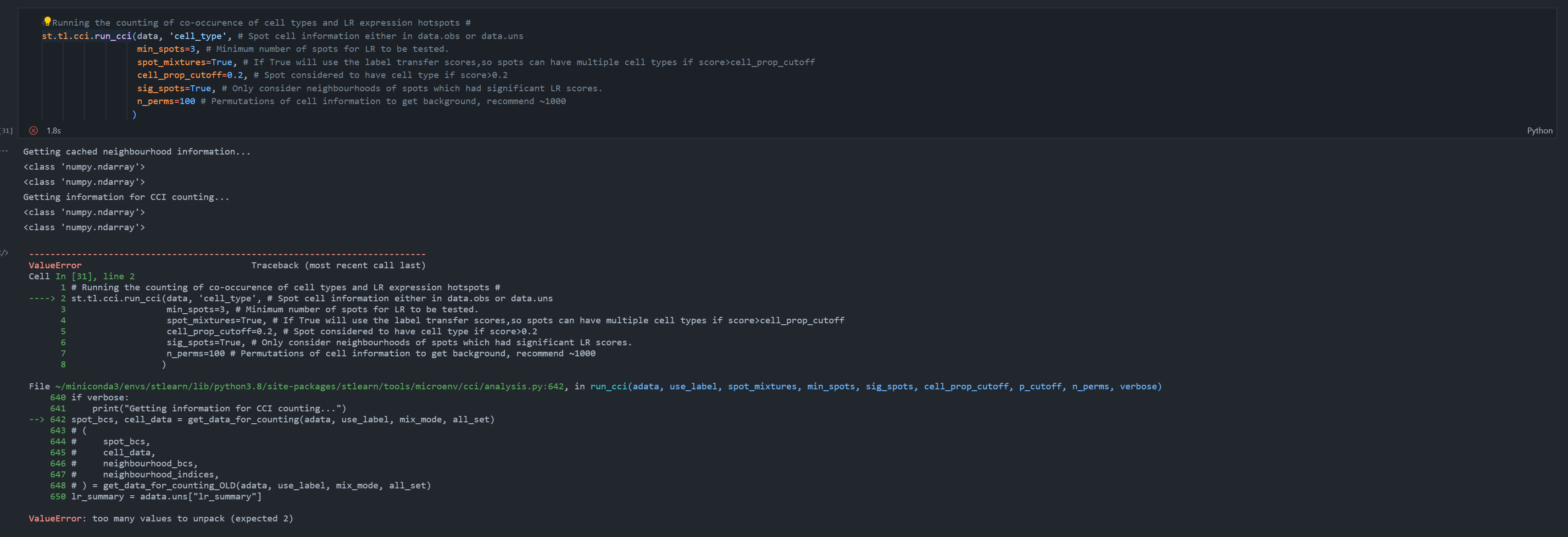 Problem with st.tl.cci.run_cci() · Issue #214 · BiomedicalMachineLearning/stLearn · GitHub