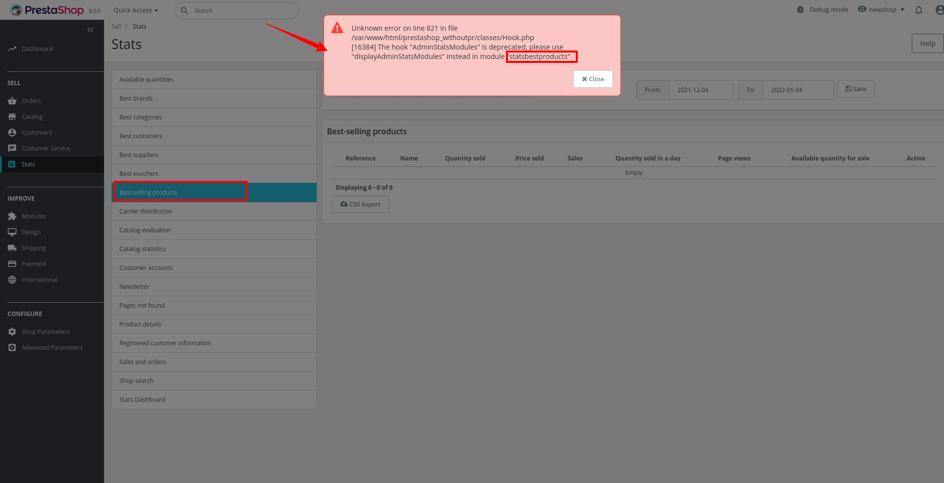 BO - An error is displayed in the Stats page - Best-selling products ...