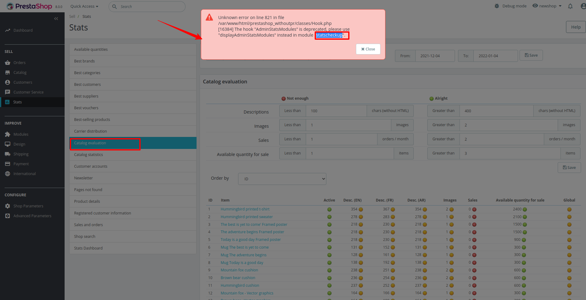 BO - An error is displayed in the Stats page - Catalog evaluation module · Issue #27198 ...