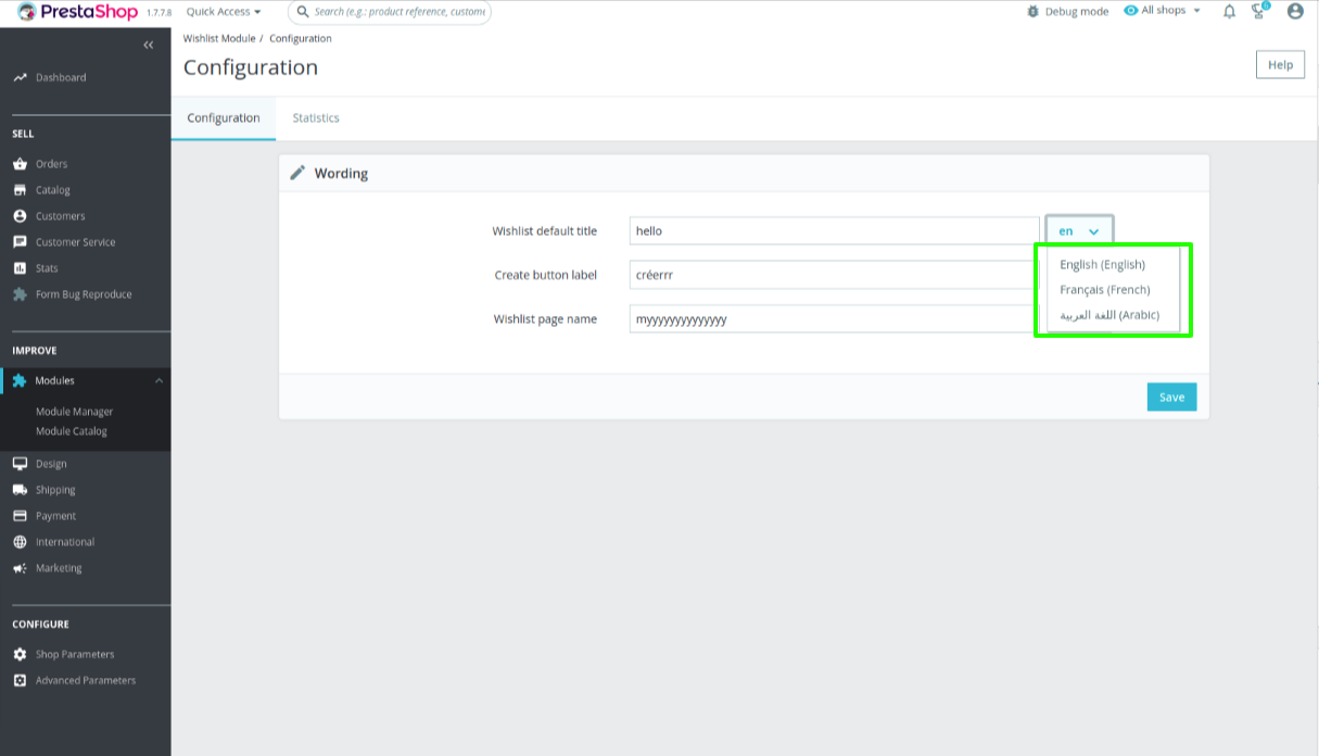 BO - Bad display in the list items of langages in Wording block of blockwishlist module with RTL ...
