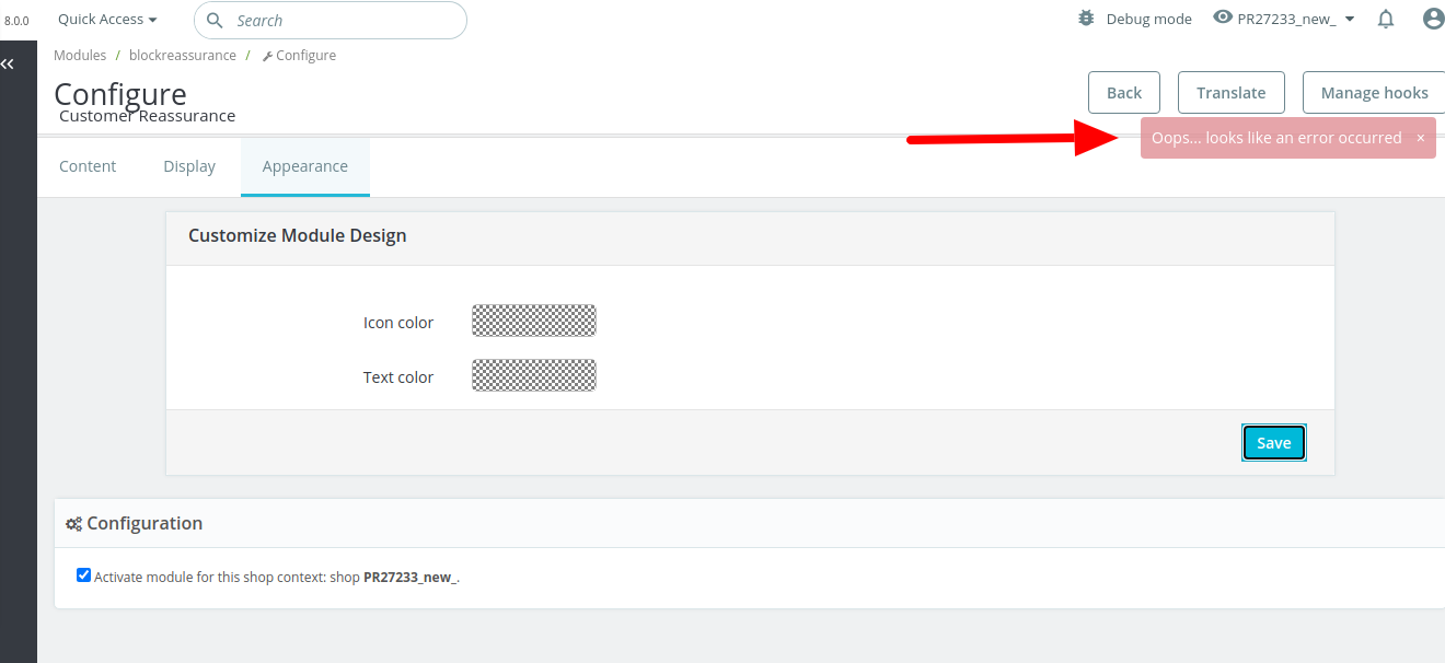 BO - Cannot edit color in Apparence (Error message is displayed) of blockreassurance module v5.1 ...