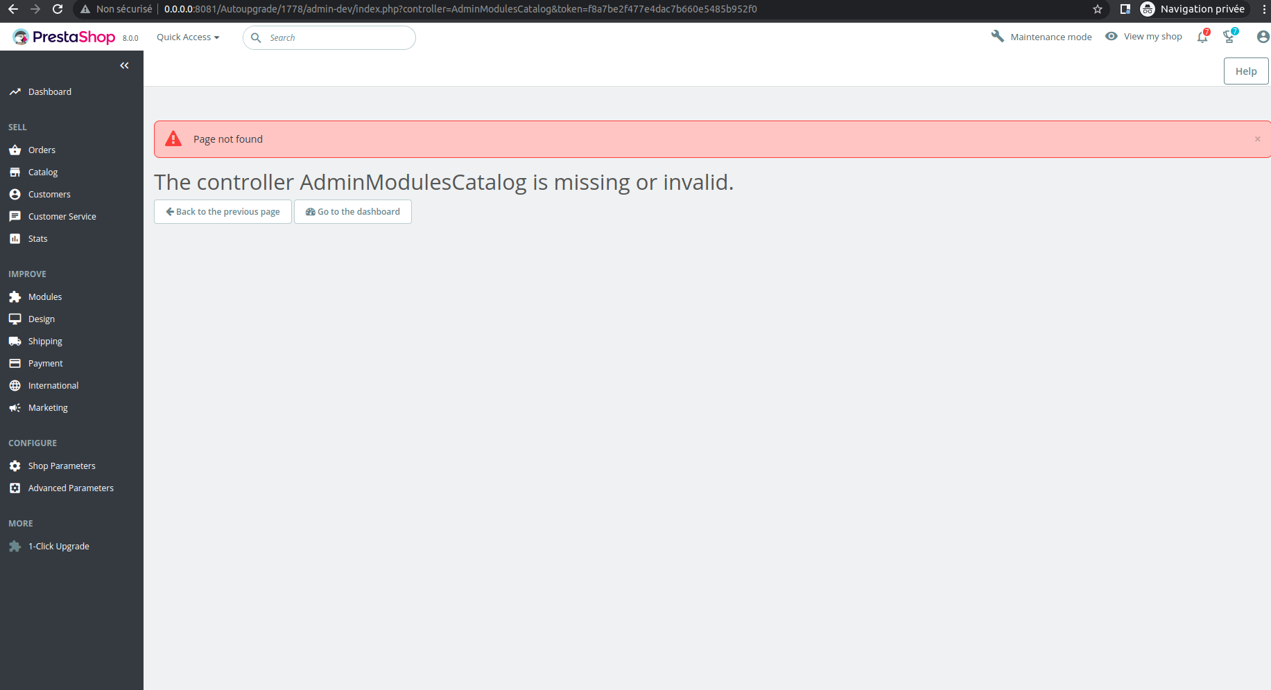 Autoupgrade - BO - An error related to the controller is missing or invalid in Theme Catalog and ...