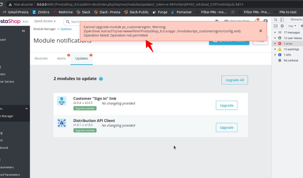 BO - Module upgrade is not functional when upgrading modules with php8.0 and php8.1 (An alert is ...
