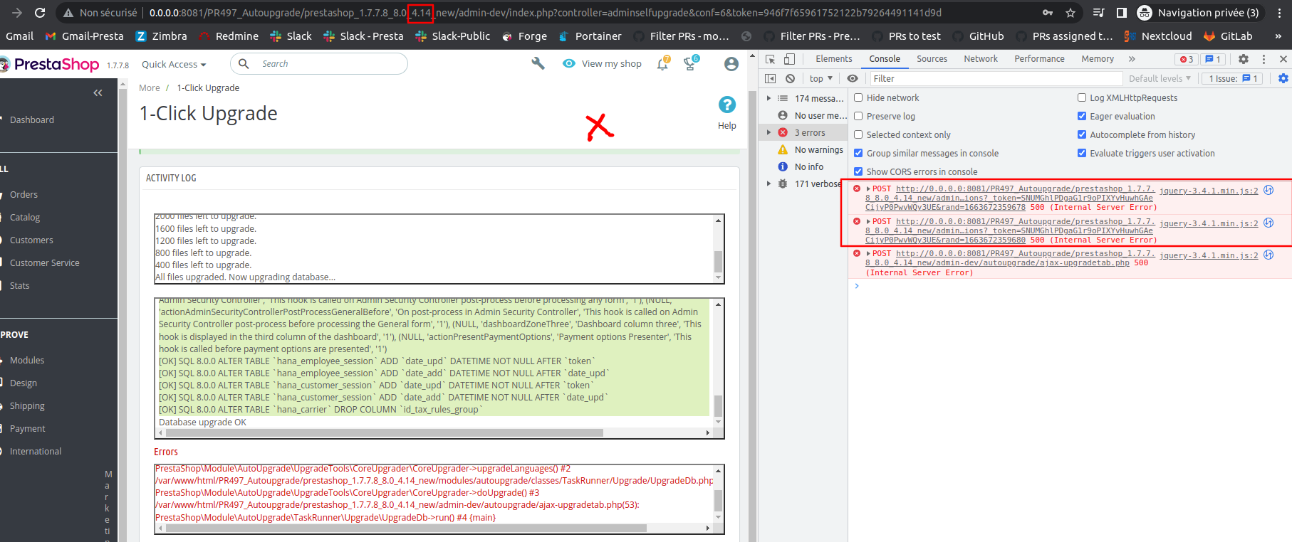 Autoupgrade - BO - A 500 errors in console when upgrade from 1.7 to 8.0 (Method Not Allowed ...
