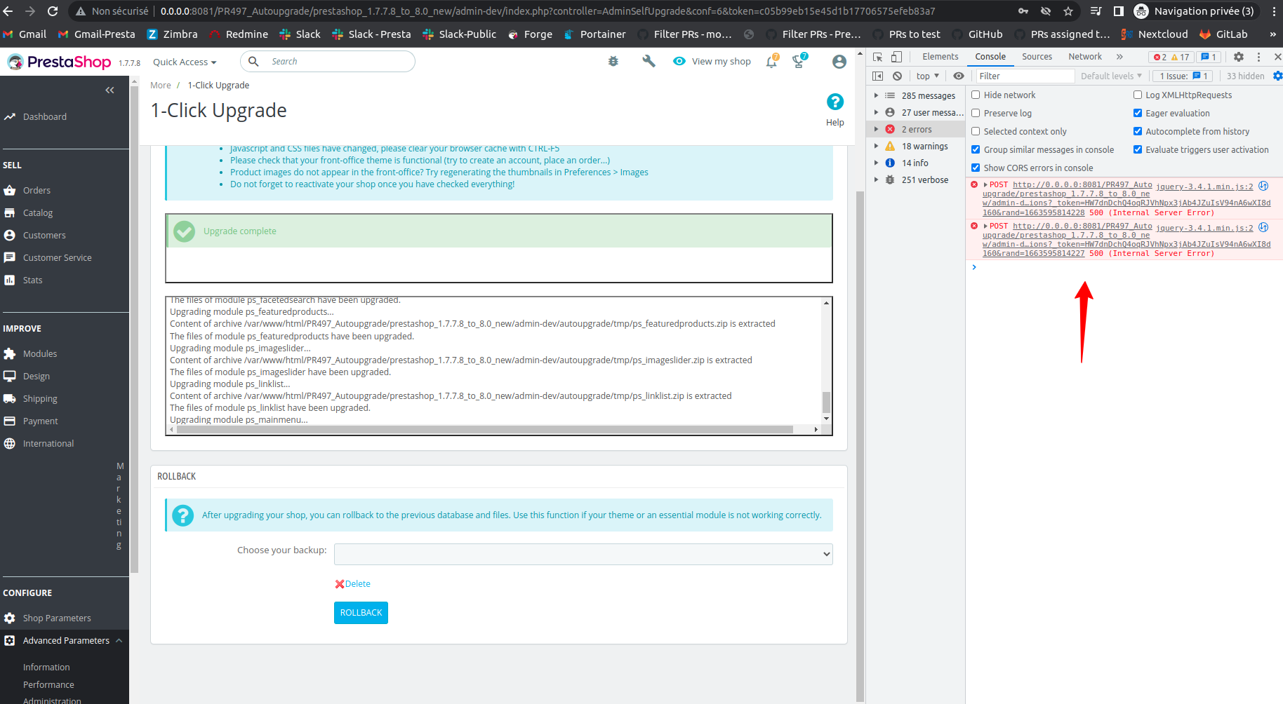 Autoupgrade - BO - A 500 errors in console when upgrade from 1.7 to 8.0 (Method Not Allowed ...