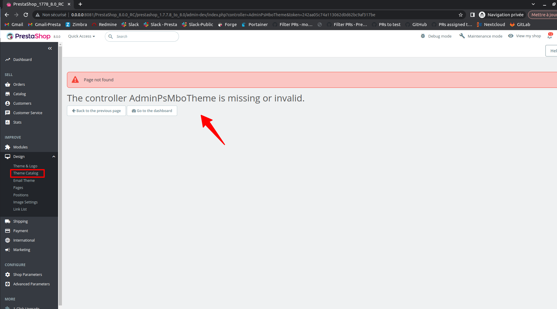 Autoupgrade - BO - The Theme Catalog and Module Catalog are displayed with "Page not found ...