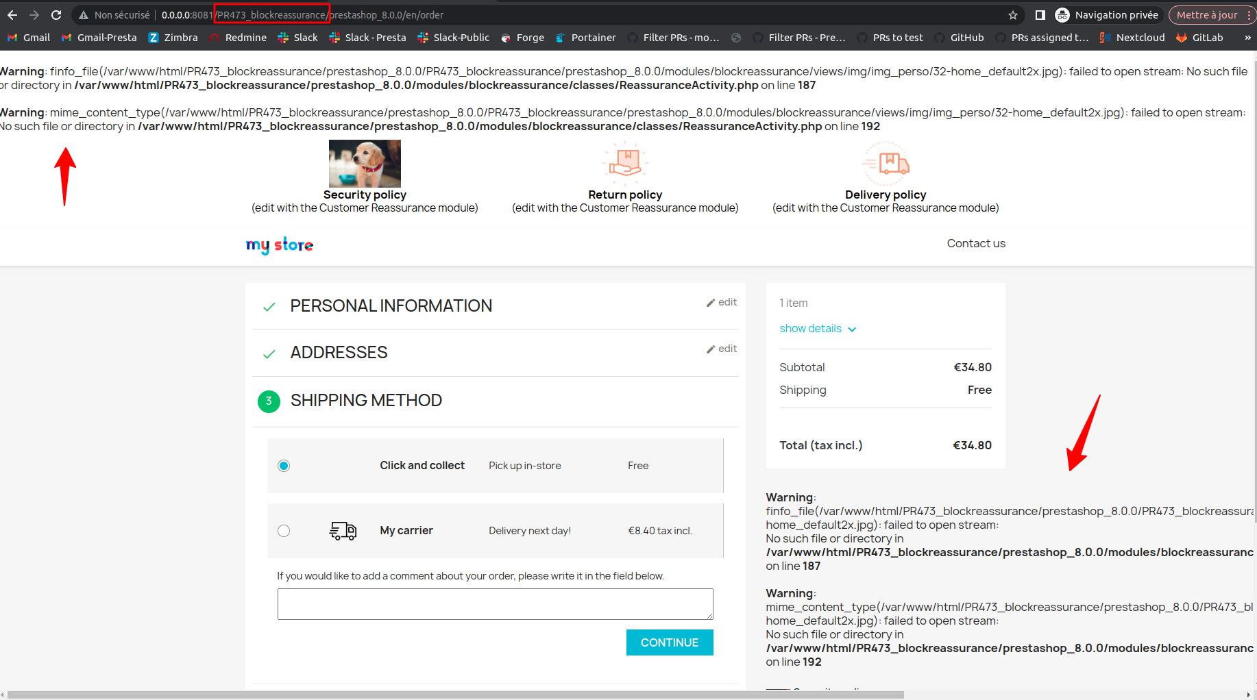 FO - Blockreassurance - An error warning is displayed on every page related to the displayed ...
