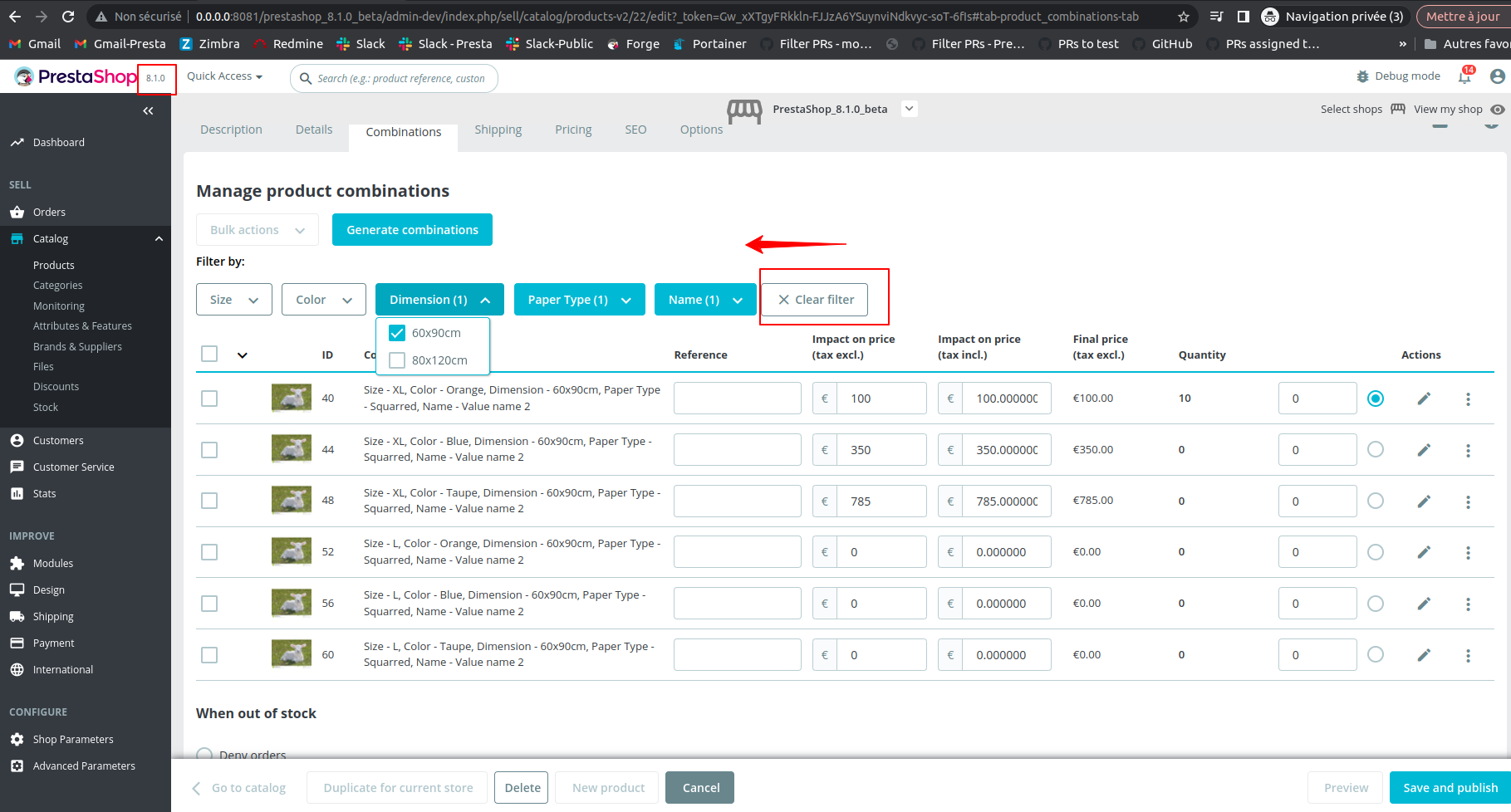 PPV2 : The filter number is not displayed at all with a product with a combination when ...