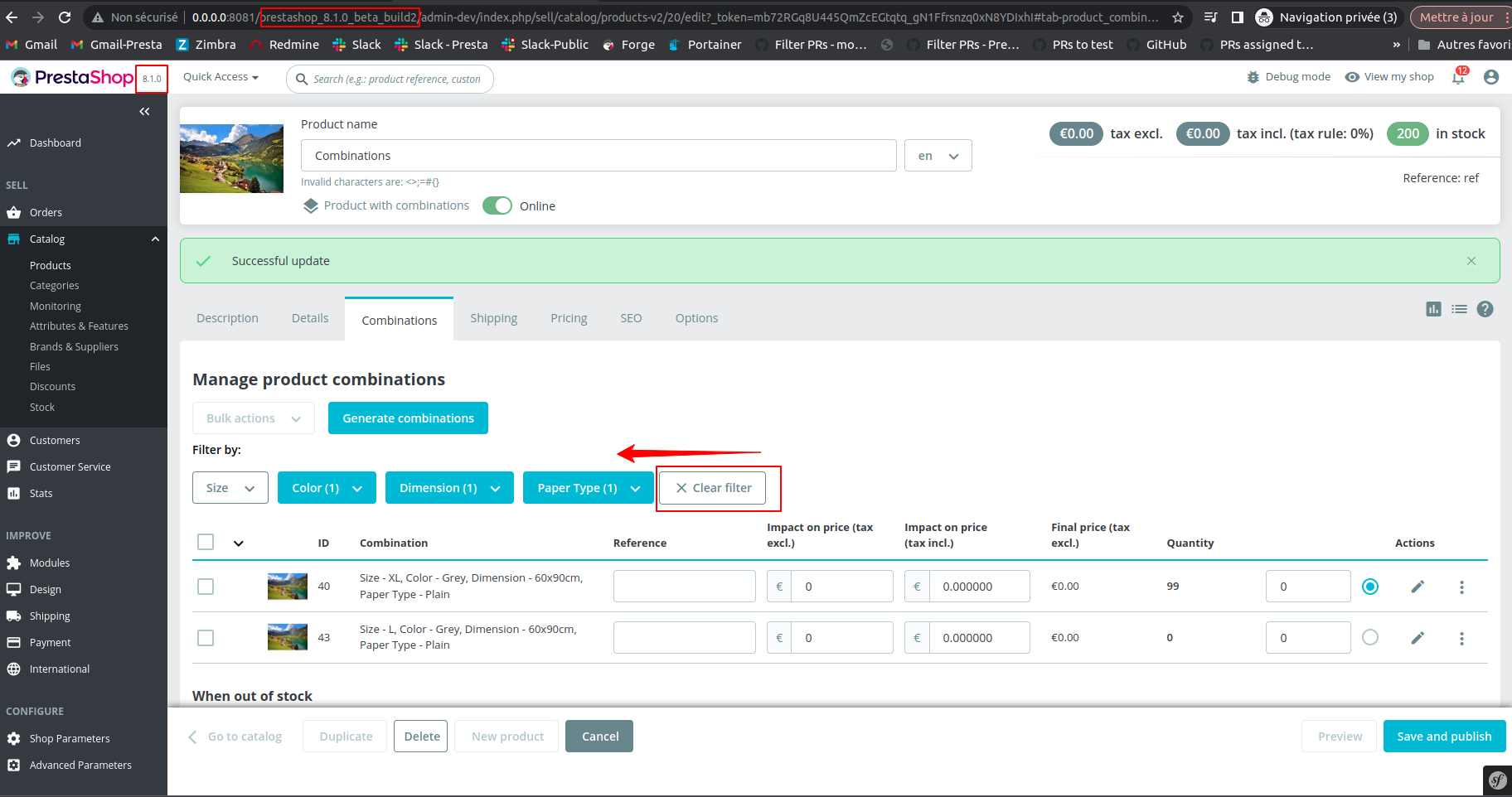PPV2 : The filter number is not displayed at all with a product with a combination when ...