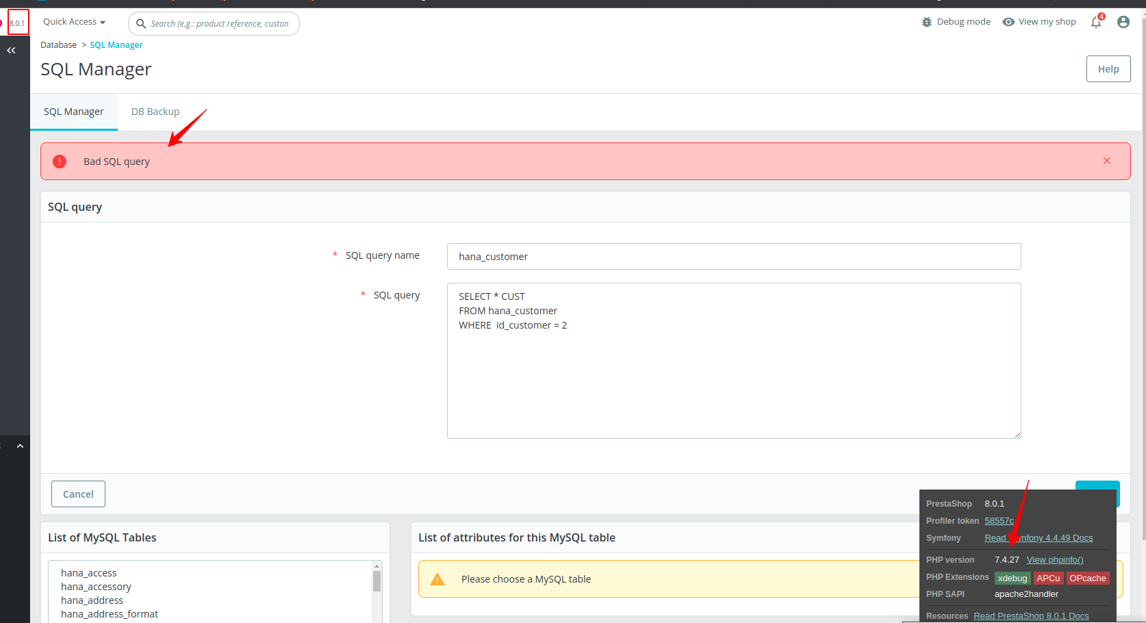 BO - An exception is thrown when adding a bad query with an alias in a wrong position only with ...