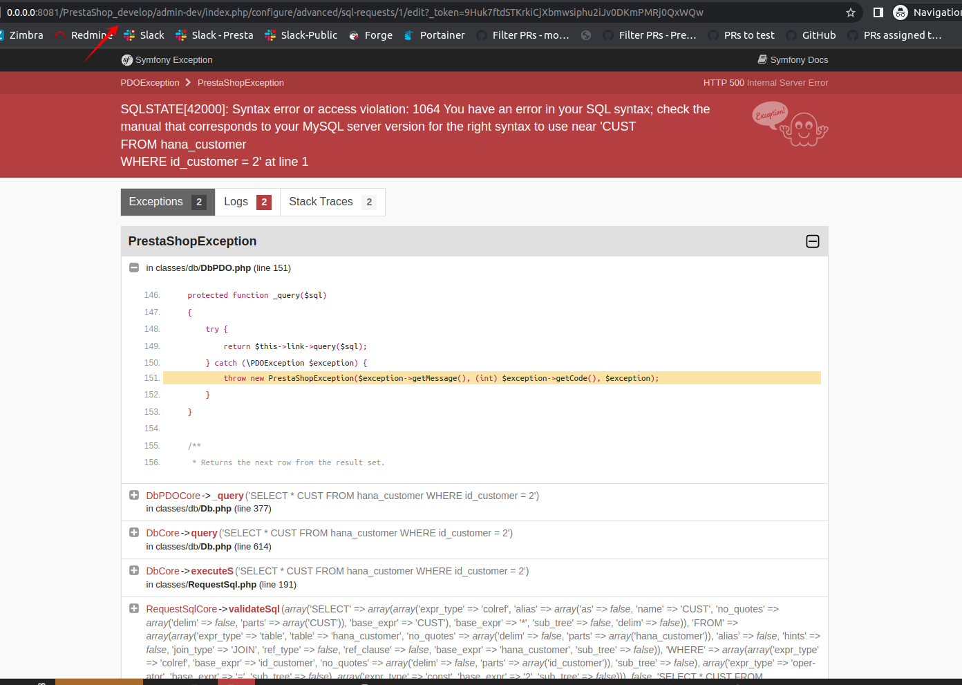 BO - An exception is thrown when adding a bad query with an alias in a wrong position only with ...