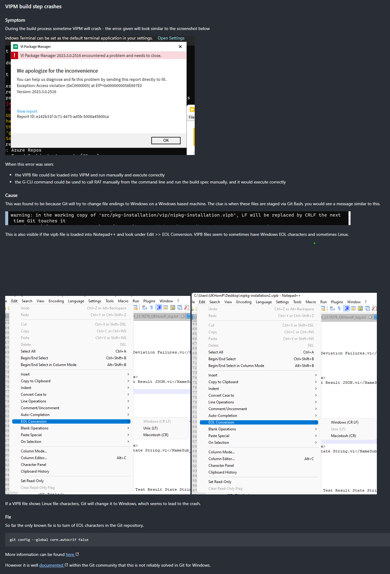 VIPM sometimes crashes when EOL characters are changed in the VIPB file ...