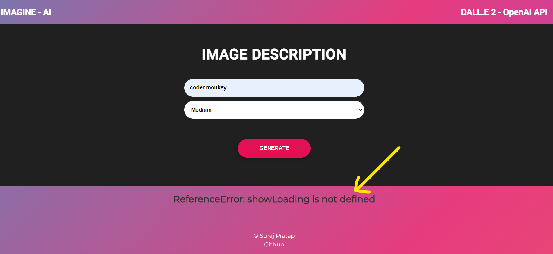 Bug: showLoading is not defined · Issue #16 · SurajPratap10/Imagine_AI · GitHub