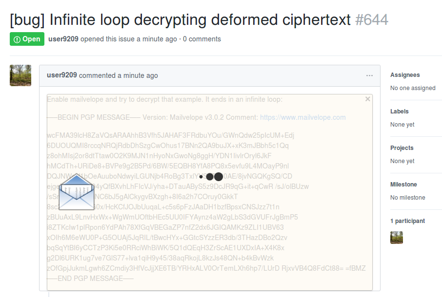 [bug] Infinite loop decrypting deformed ciphertext · Issue #644 · mailvelope/mailvelope · GitHub