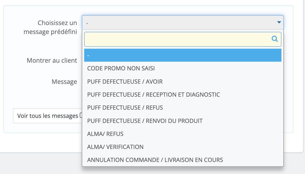 BO Order -> Search in Predefined messages · Issue #30471 · PrestaShop/PrestaShop · GitHub