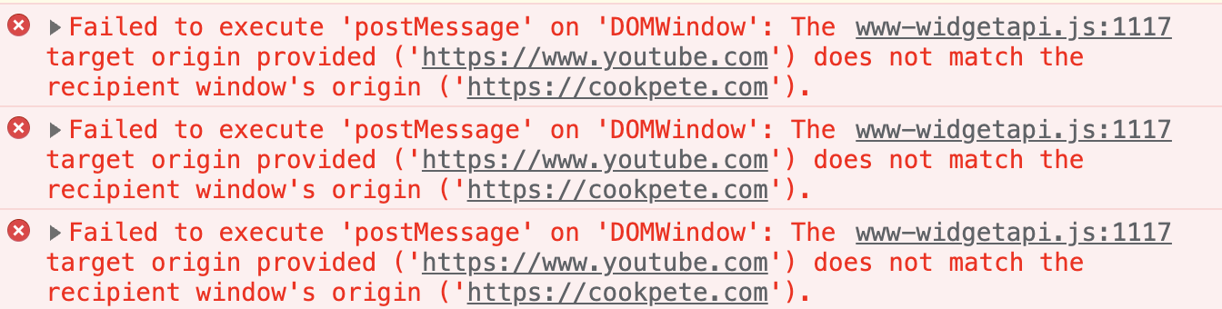 Origin errors on Youtube videos · Issue #1628 · cookpete/react-player · GitHub
