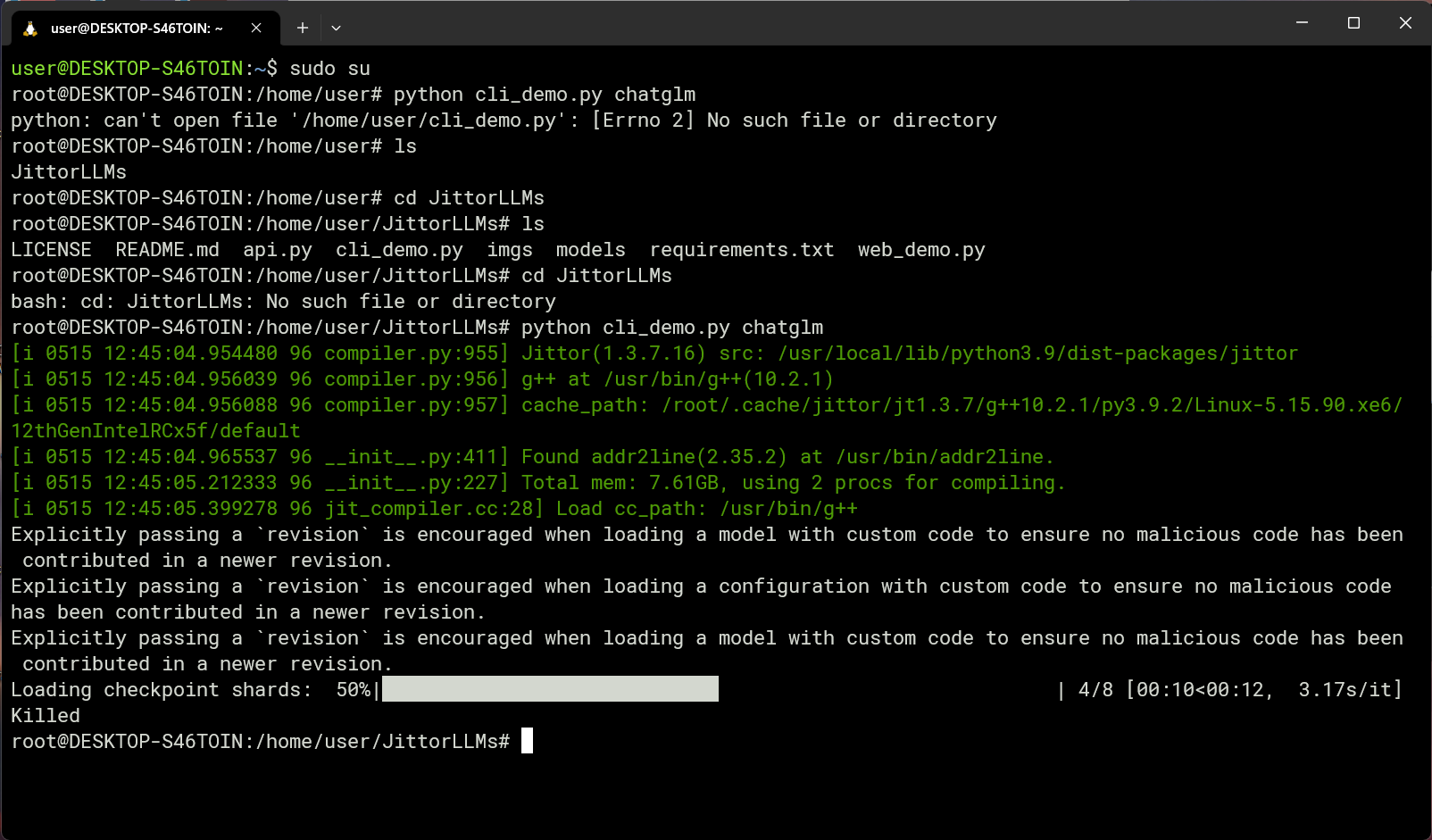 执行`python cli_demo.py chatglm`时，卡住不动 · Issue #90 · Jittor/JittorLLMs · GitHub