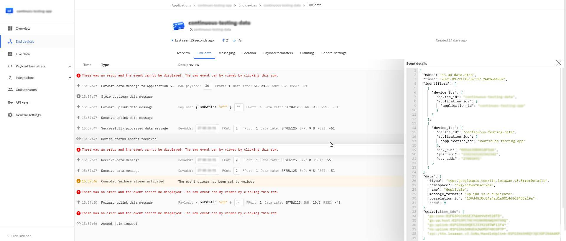 Warnings in the End Devices & Gateways live data of the TTS console · Issue #4648 ...