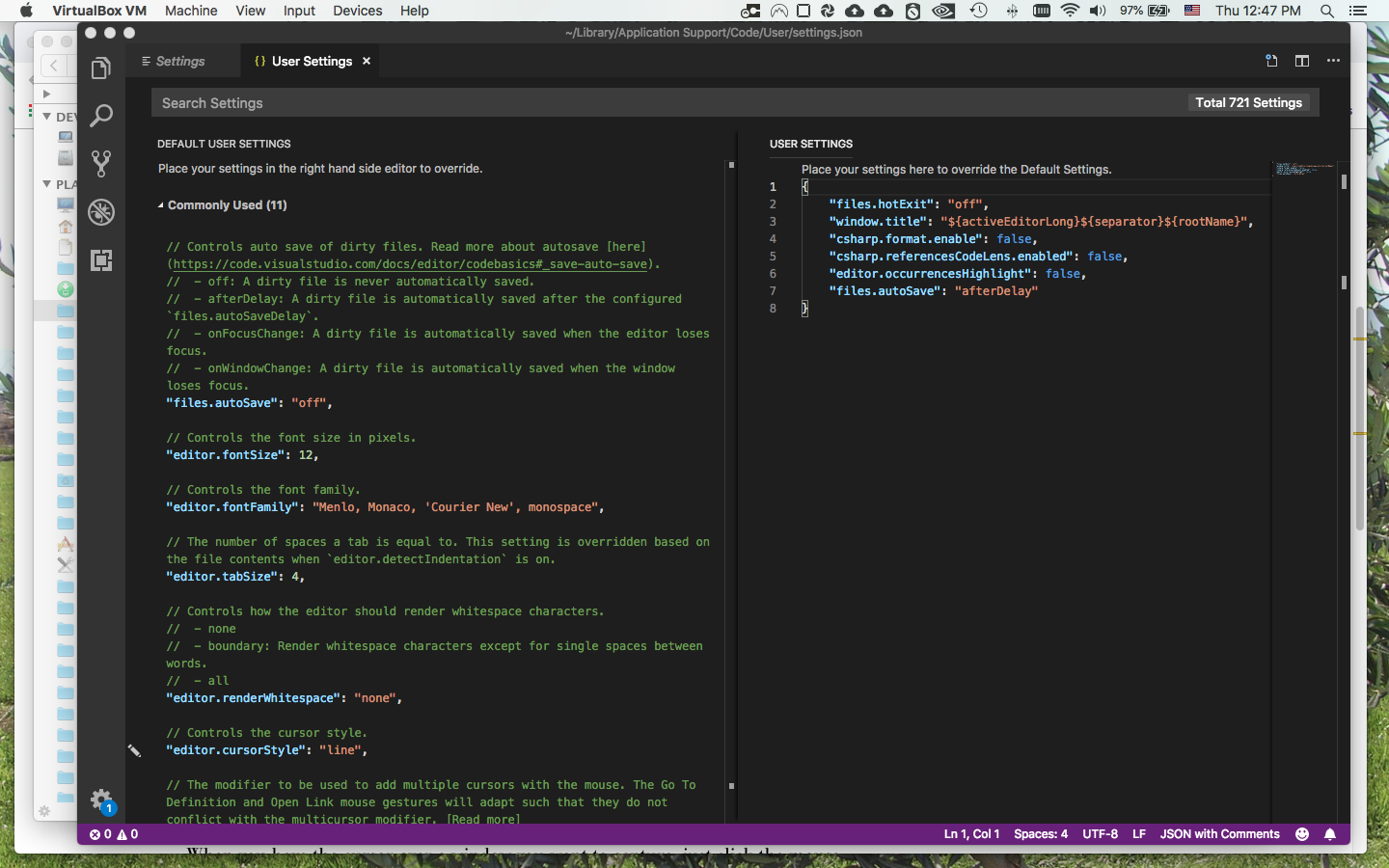 Linux: json settings button {} will not open both Default and custom ...