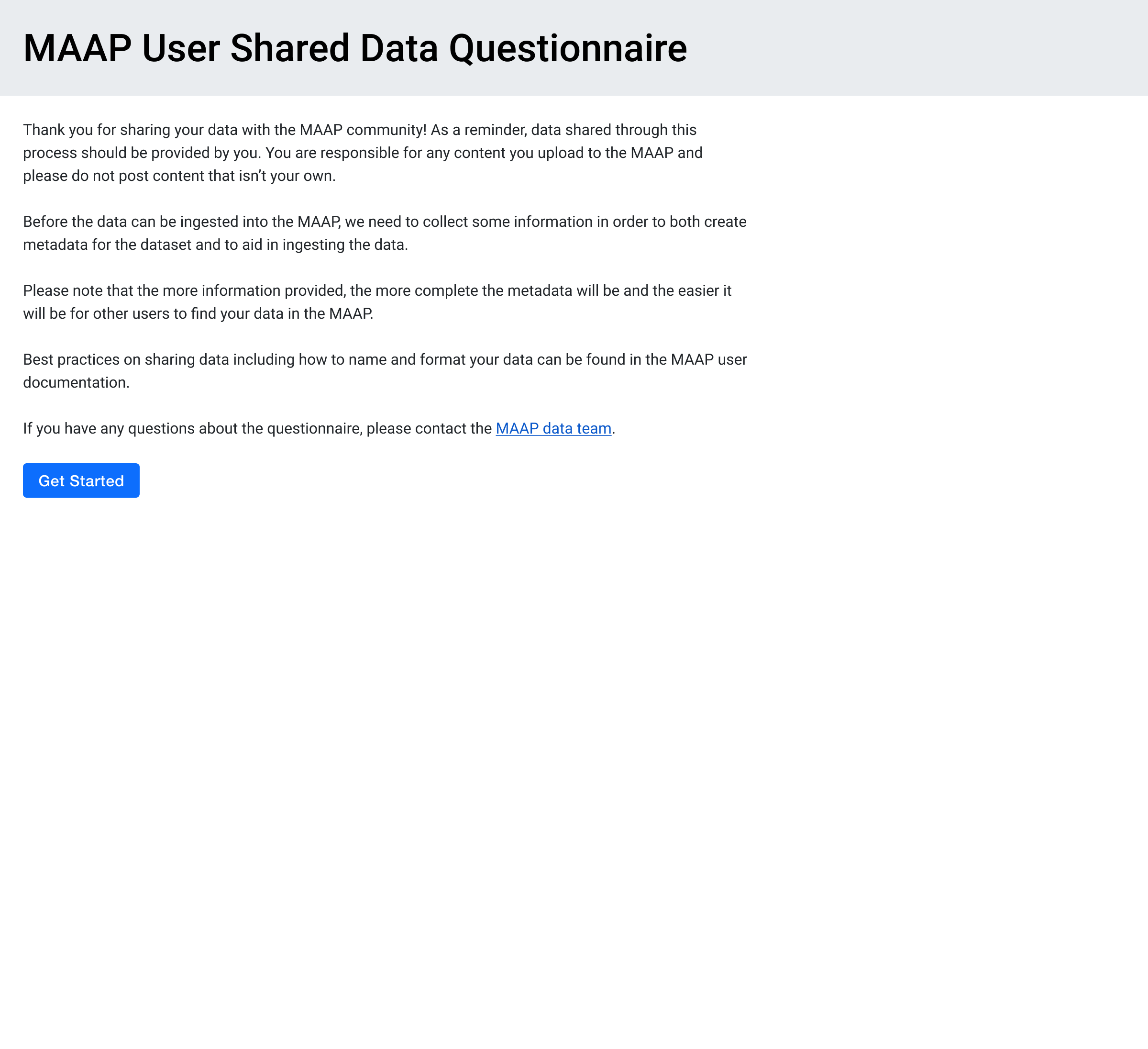 Design User Shared Data Questionnaire Interface · Issue #468 · MAAP-Project/Community · GitHub