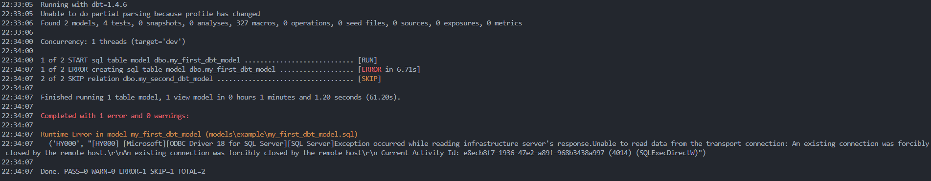 "dbt debug" succeeds but "dbt run" fails · Issue #38 · microsoft/dbt-fabric · GitHub