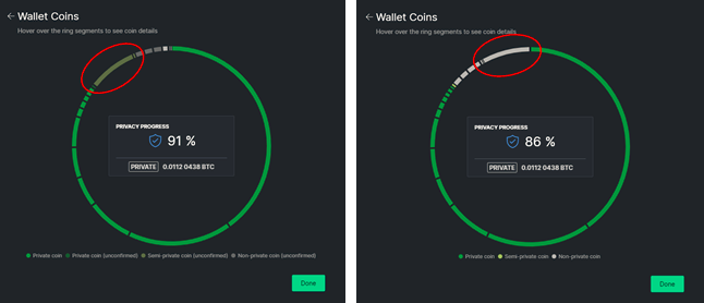 "unconfirmed Semi-private coin" changes to "non-private coin" after ...