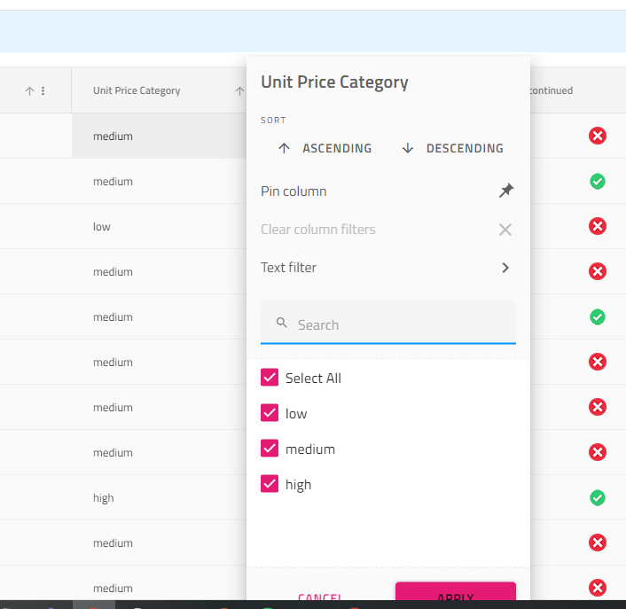 Data Grid Excel Style Filter FormattedValuesFilteringStrategy Sort