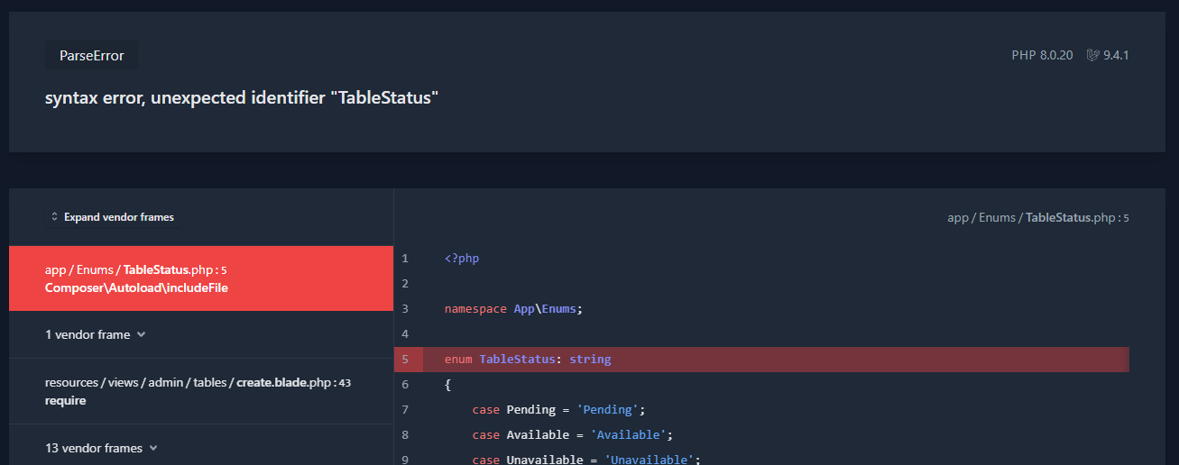 Unexpected identifier "TableStatus" · Issue #4 · tonyxhepa/laravel-restaurant-reservation · GitHub