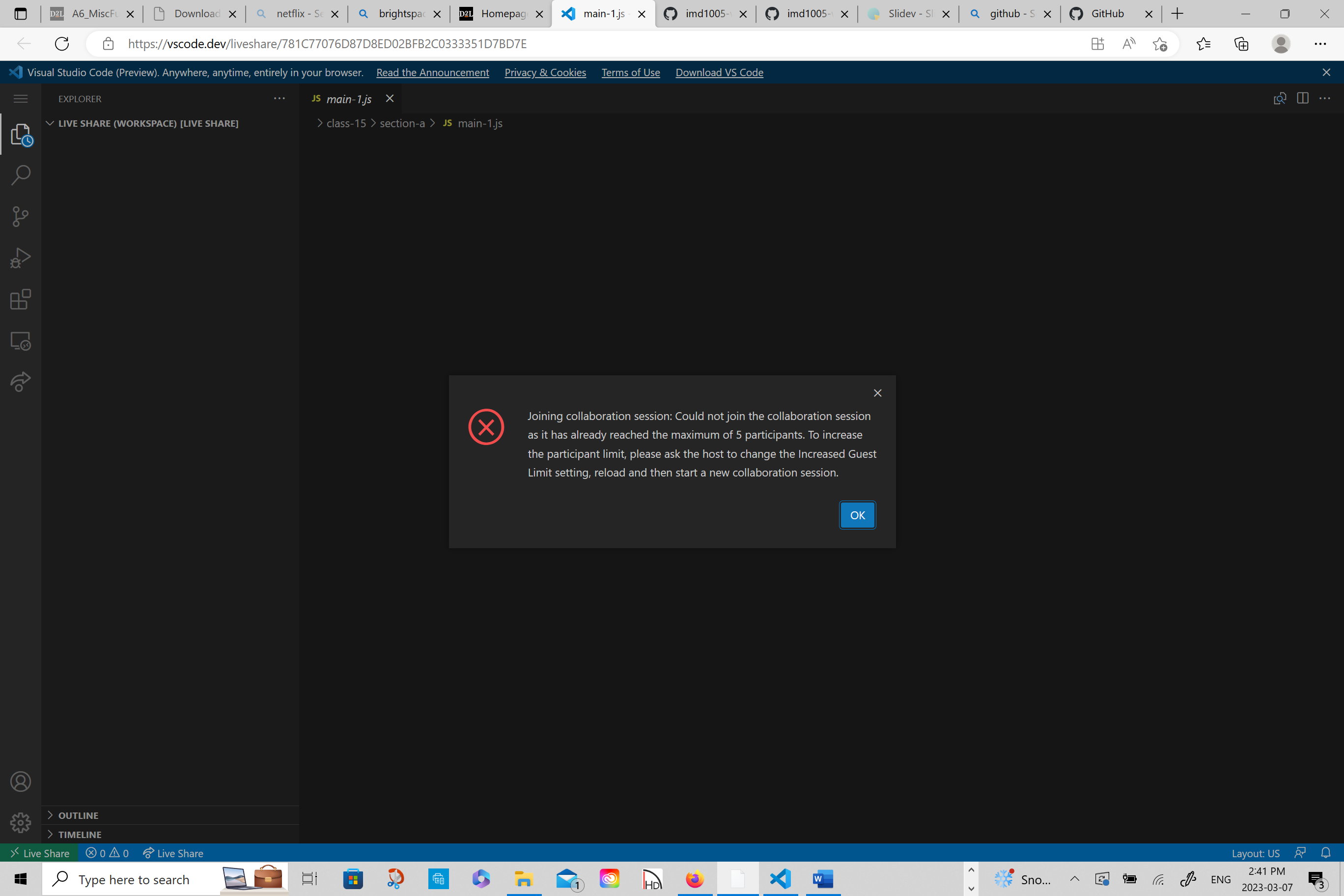 Students unable to join live share due to maximum 5 person limit reached (Guest limit already ...