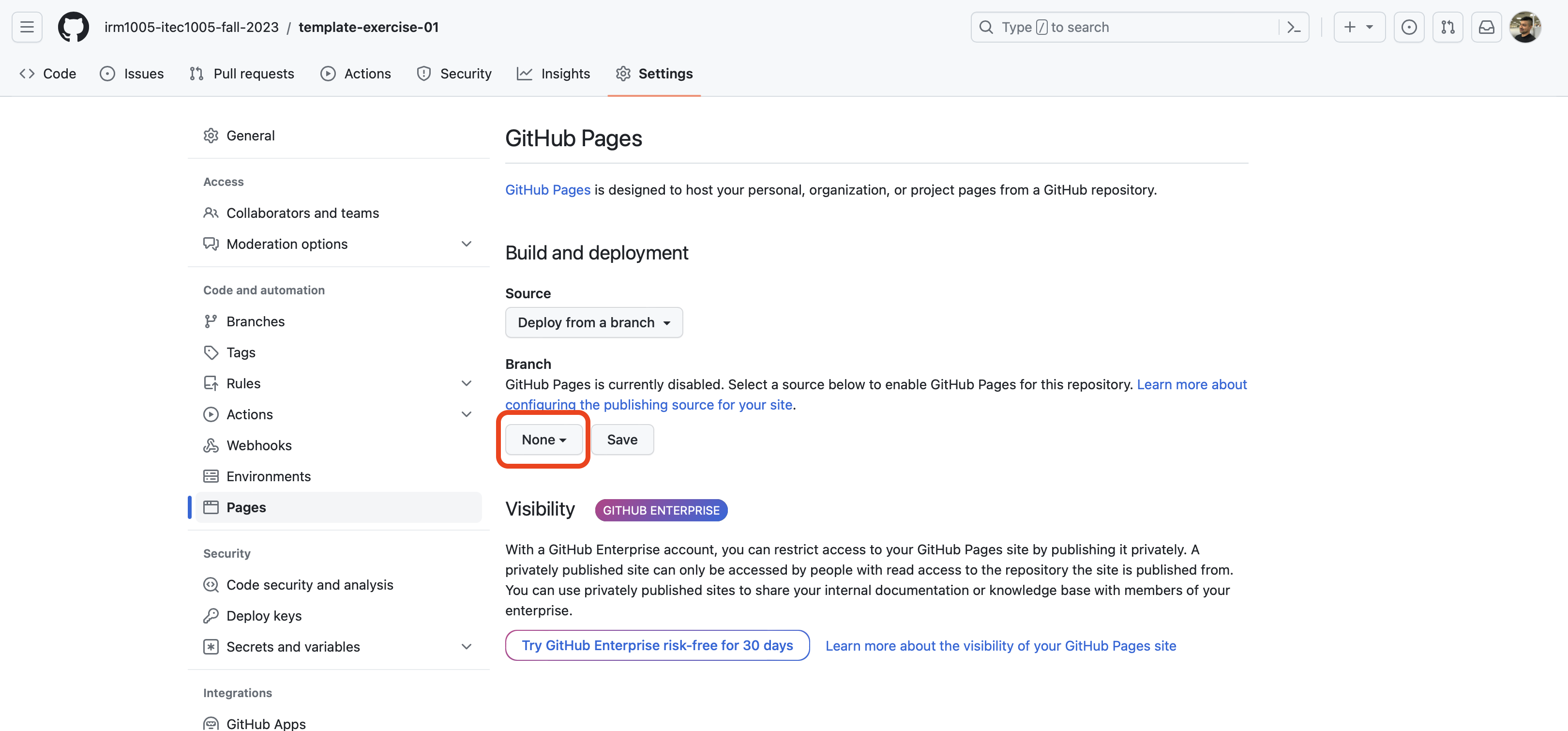 How do I turn on GitHub Pages? · irm1005-itec1005-fall-2023 · Discussion #4 · GitHub