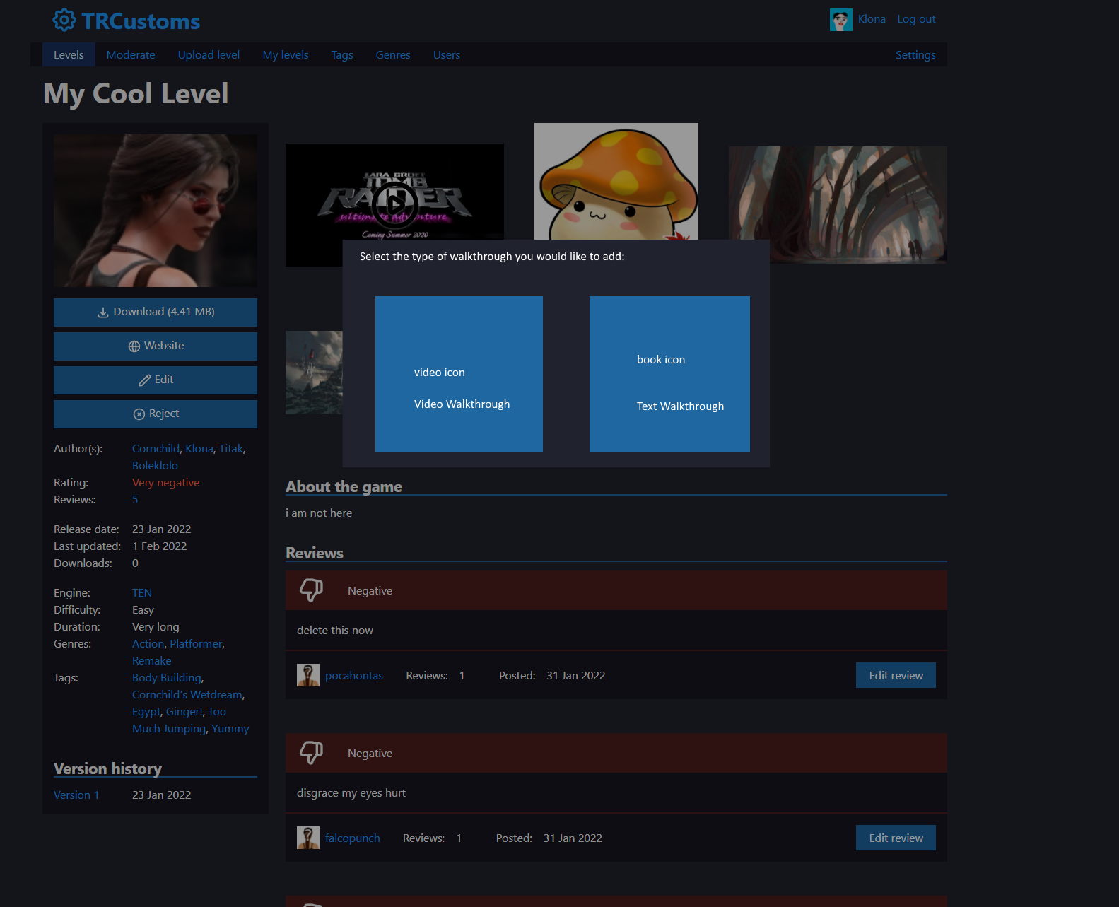 Level Page - Add Walkthrough Button · Issue #91 · rr-/TRCustoms · GitHub