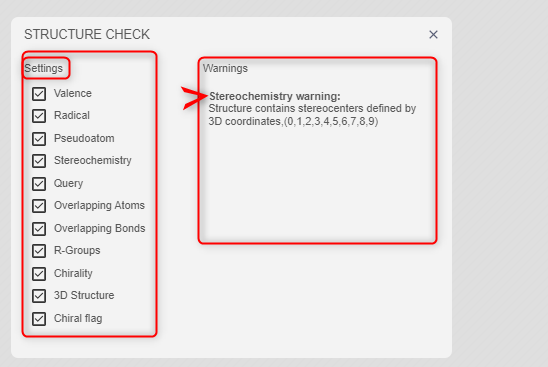Aline 'Settings" and "Warnings" with list in "Structure Check" window ...