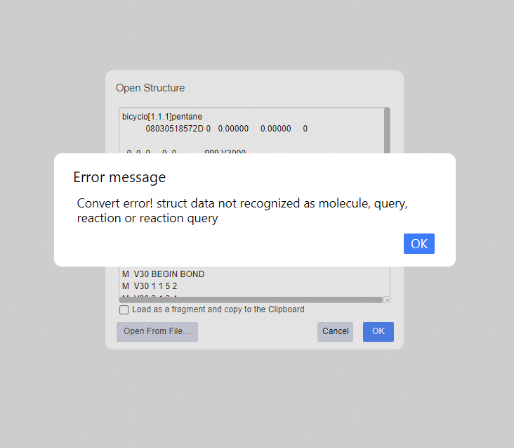 Error message Convert error! struct data not recognized as molecule, query, reaction or reaction ...