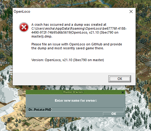 Fatal crash occurs on entering "Dr. Potato PhD" as name · Issue #1237 · OpenLoco/OpenLoco · GitHub