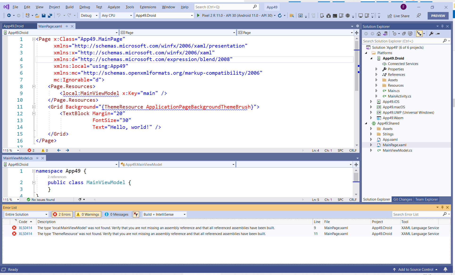 Compilers errors in Error List after adding a `ViewModel` to Page ...