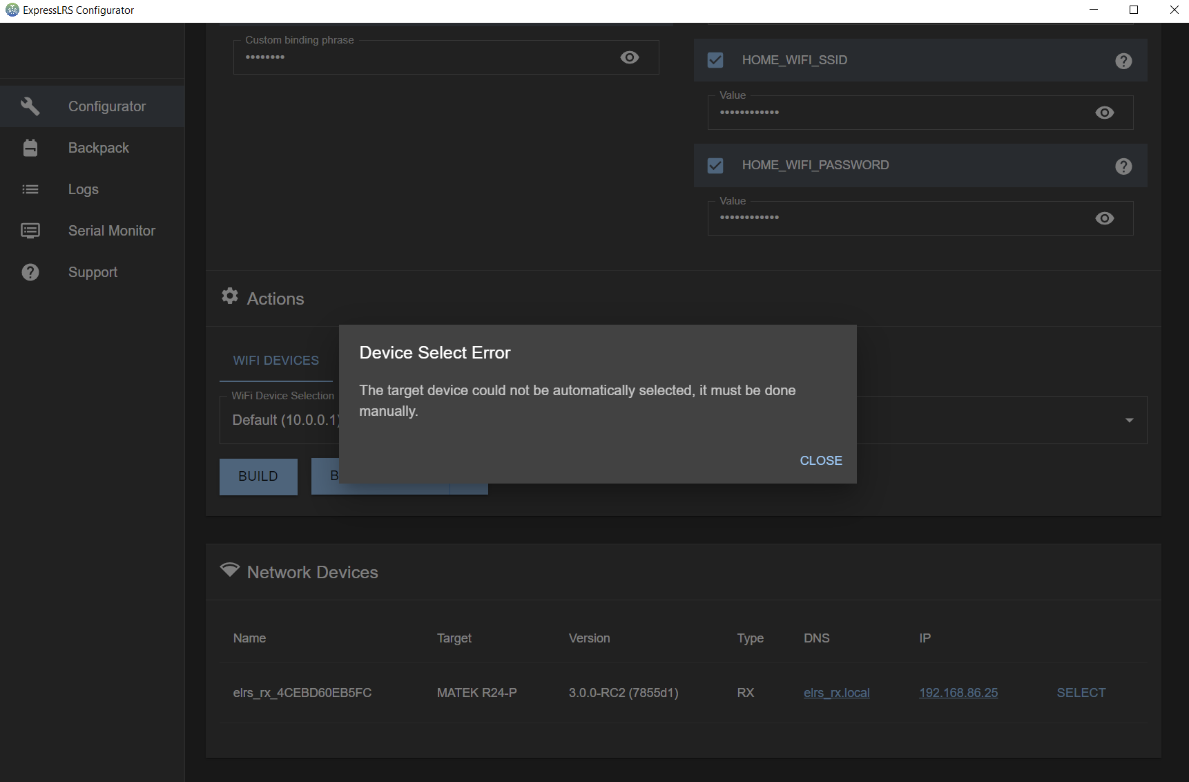 Wi Fi Device Select Error · Issue 384 · Expresslrs Expresslrs Configurator · Github