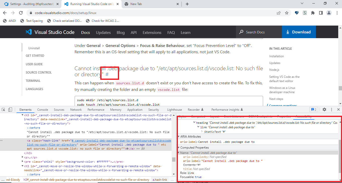 A11y_Visual Studio Code Services_Docs Setup_Linux_ScreenReader: On tab navigation to the # link ...