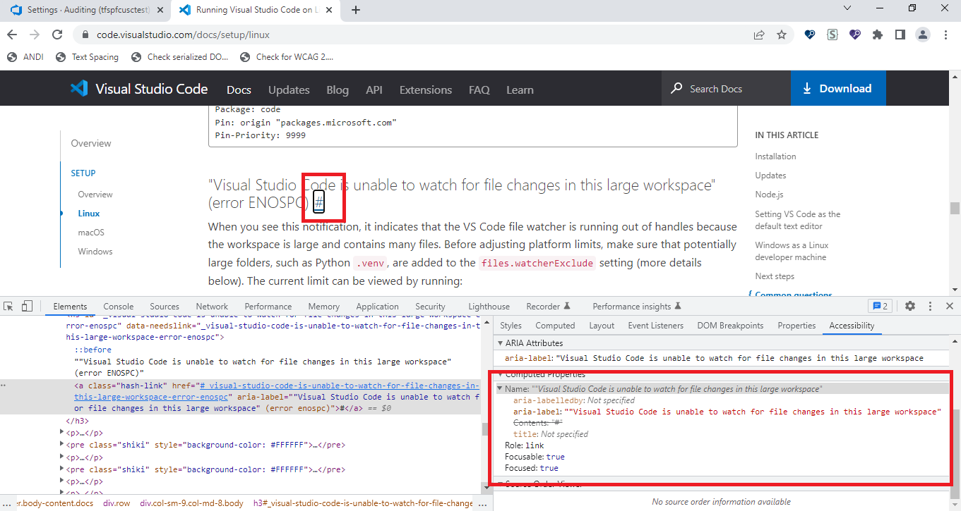 A11y_Visual Studio Code Services_Docs Setup_Linux_DeveloperTool: There is no name assigned to ...