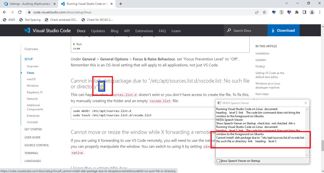 A11y_Visual Studio Code Services_Docs Setup_Linux_ScreenReader: On tab navigation to the # link ...