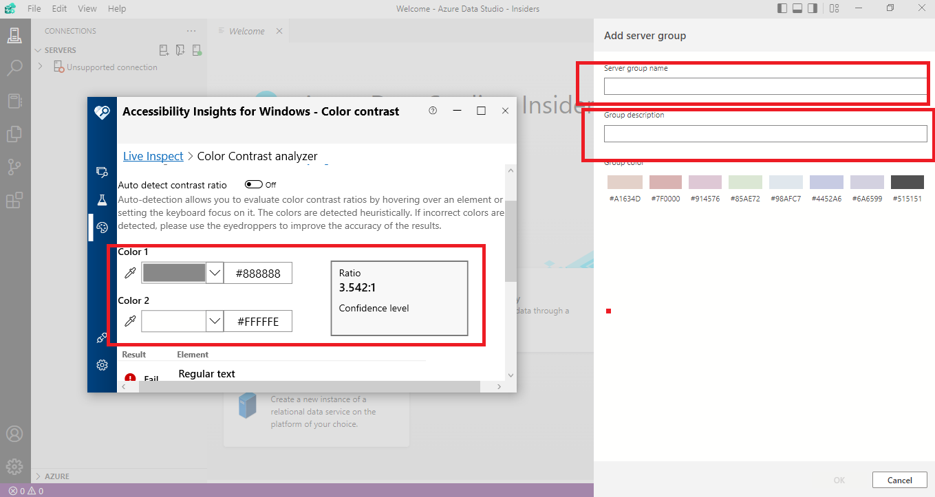 A11y_SQLAzureDataStudio_NewServerGroup_AddServerGroup_ColorContrast:The outline of the edit box ...