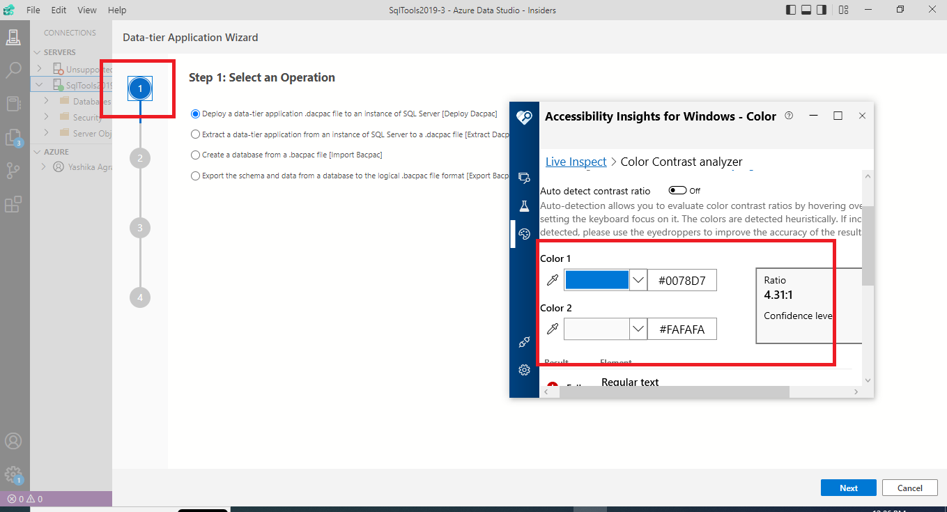 A11y_SQL Azure Data Studio_Import Extension - Specify Input File_ColorContrast: The color ...